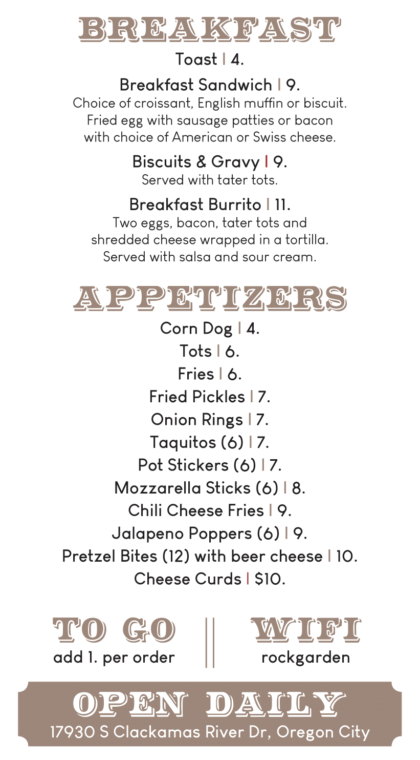 Rock Garden Tavern Menu | Breakfast, Burgers & Cold Beer
